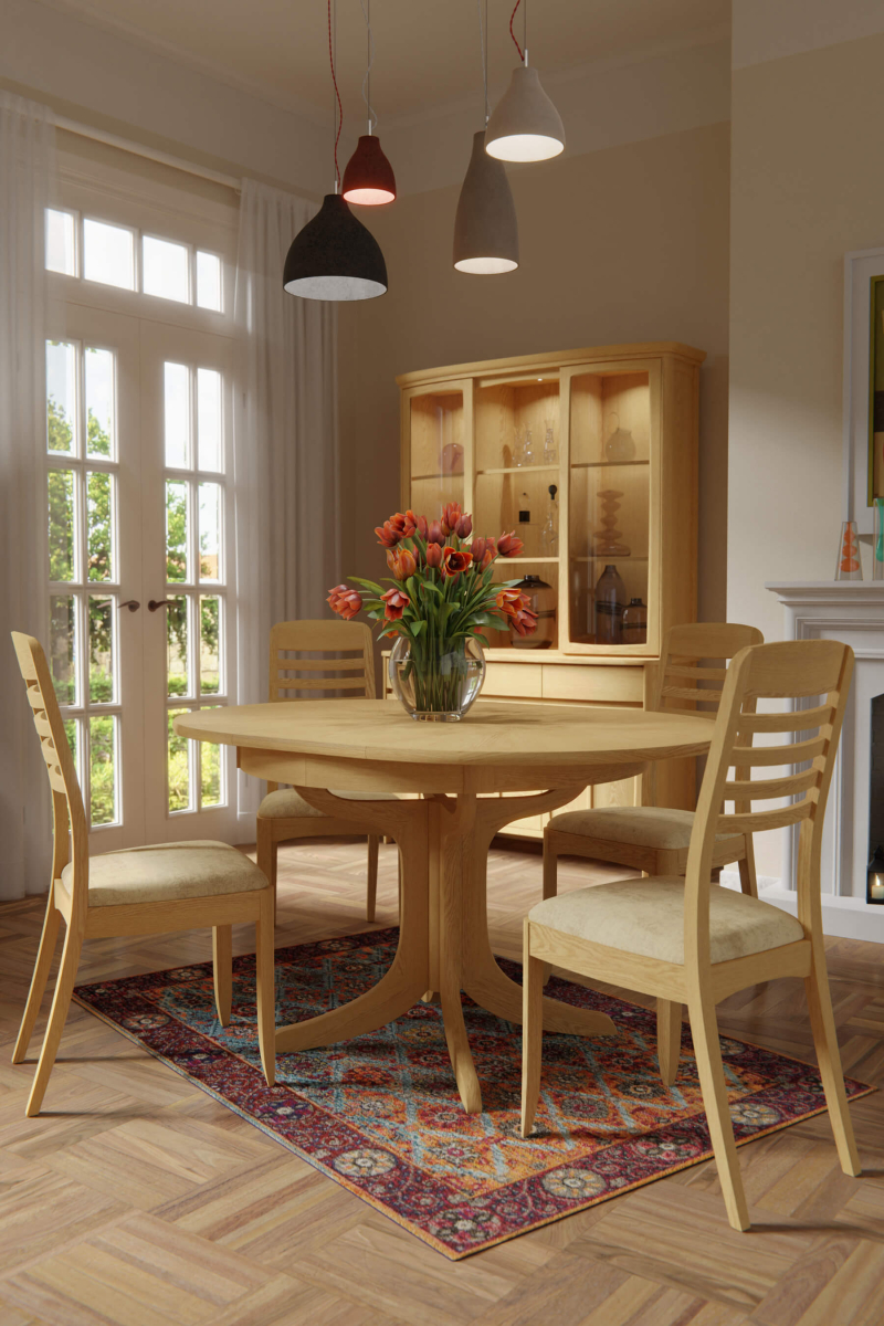 Shadows Round Sunburst Pedestal Dining Table (Oak) – Qualita Ltd