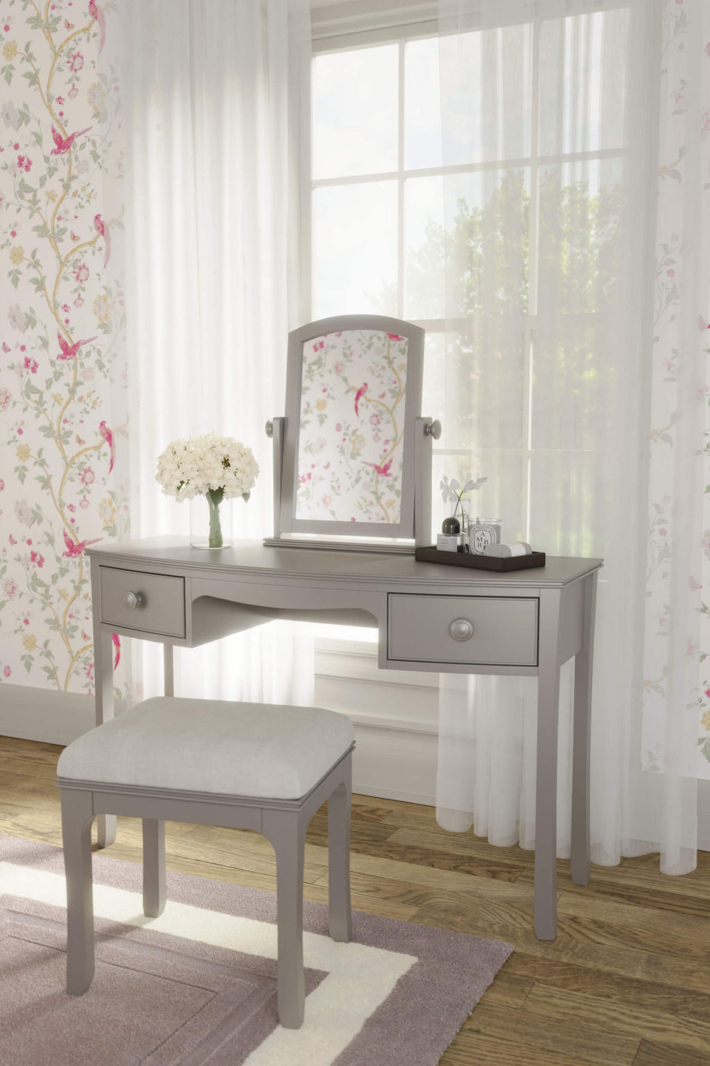 Broughton 2 Drawer Dressing Table, Stool & Mirror Set (Pale French Grey ...
