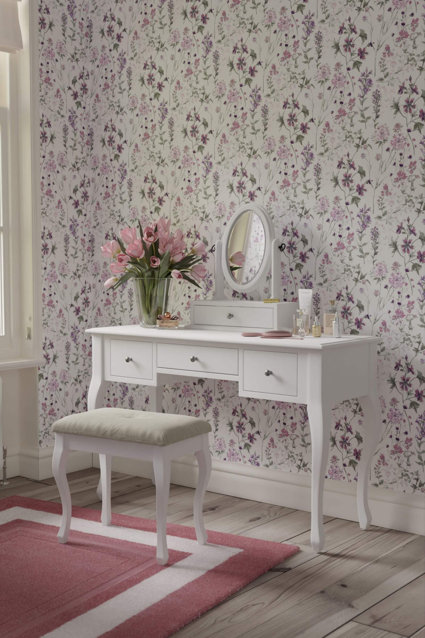 Rosalind 3 Drawer Dressing Table, Stool & Mirror Set (Cotton White ...